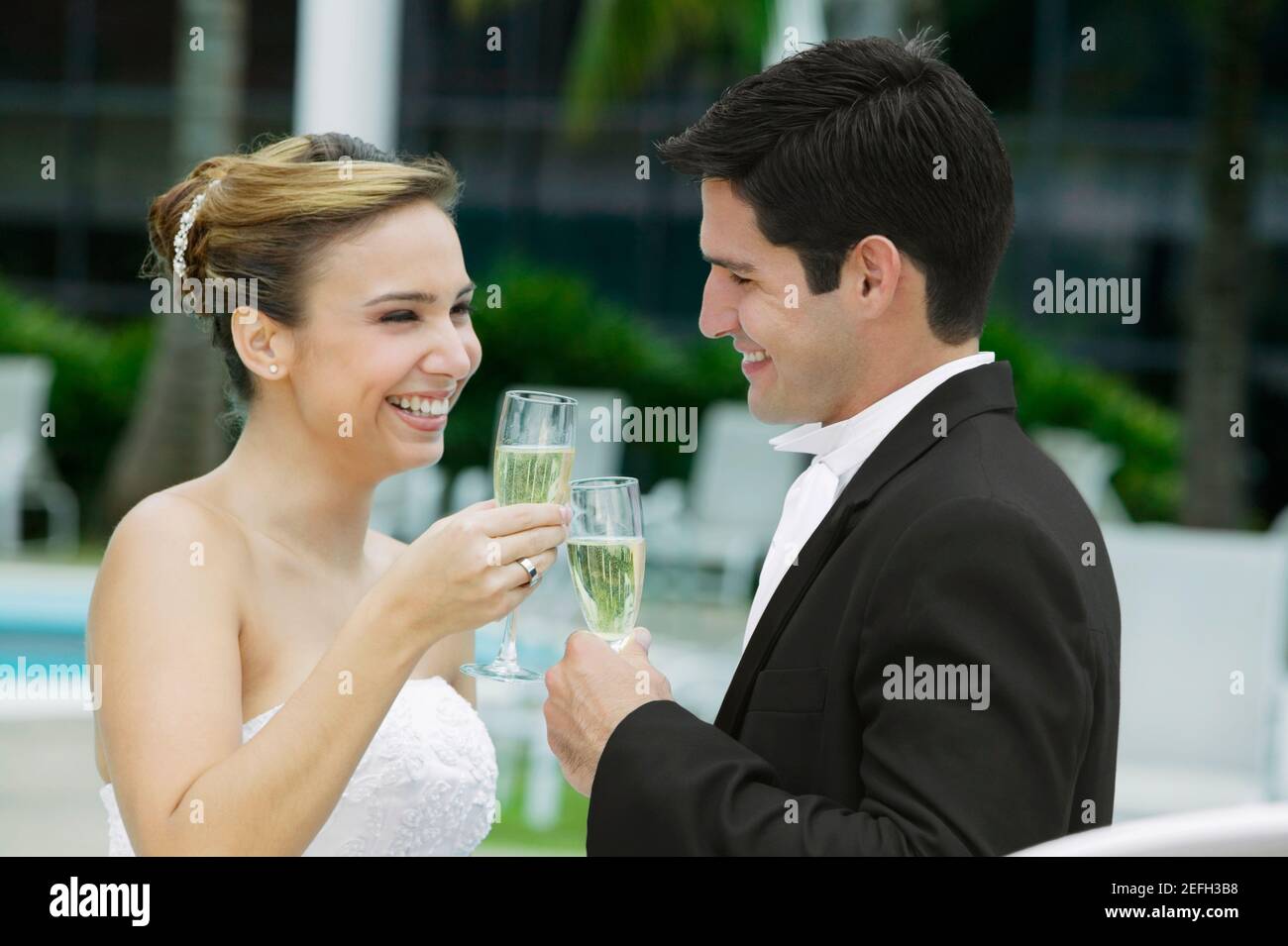 Side profile of a bride and her groom toasting with champagne flutes ...