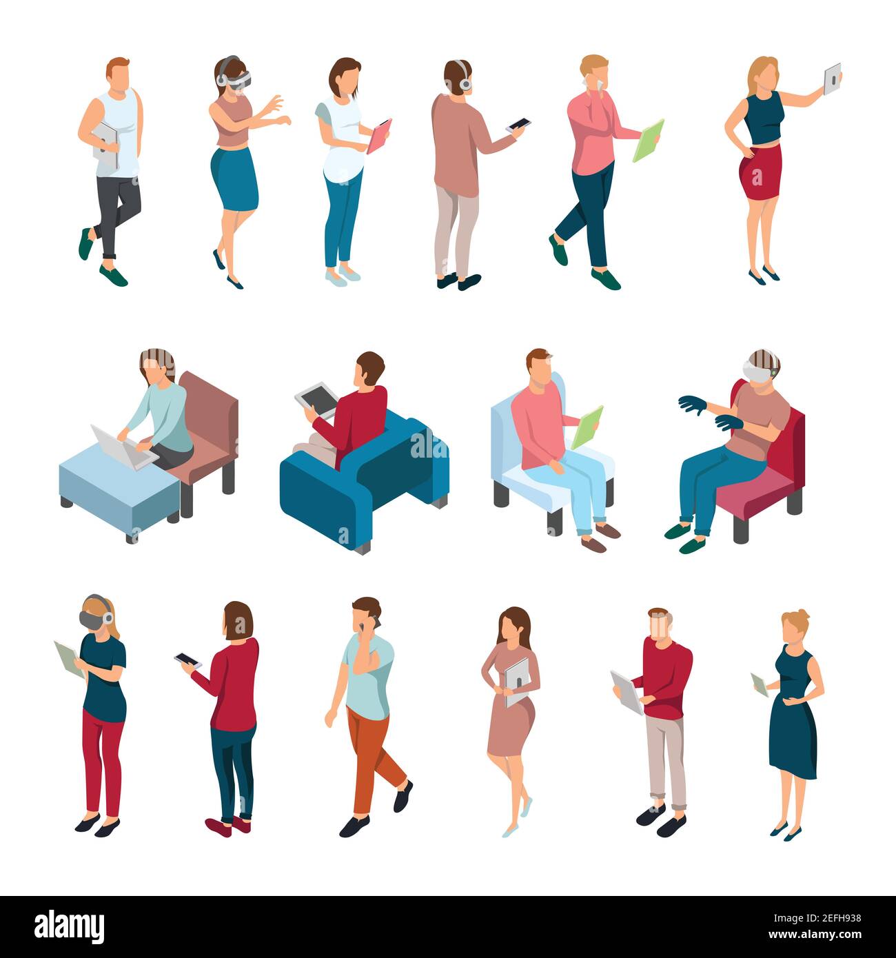 Gadgets people isometric set with isolated human characters during ...