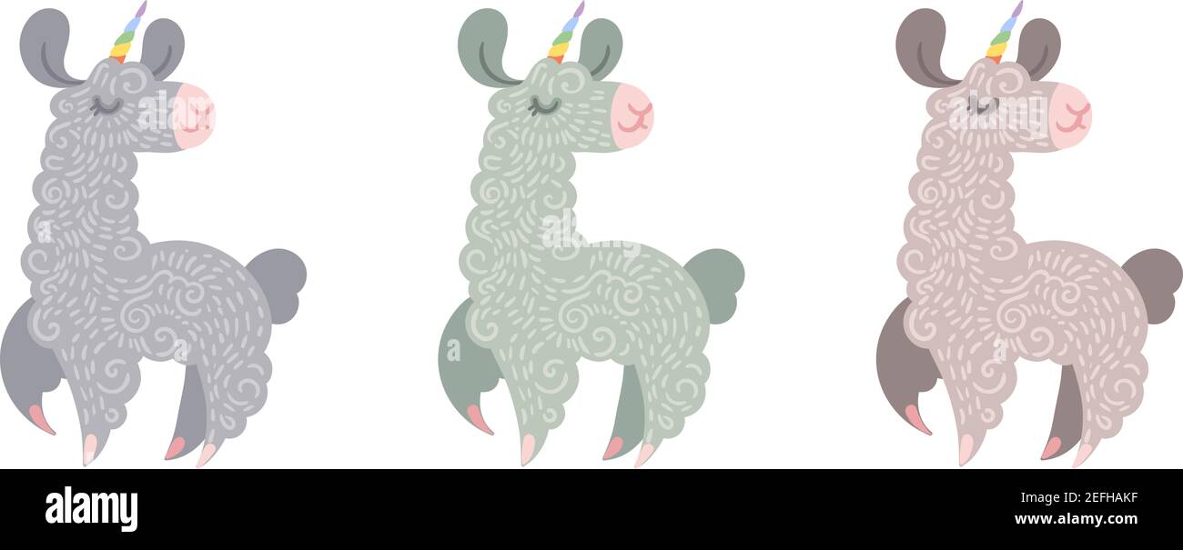 Set of cute curly llama-unicorns who flying and dancing with happiness ...