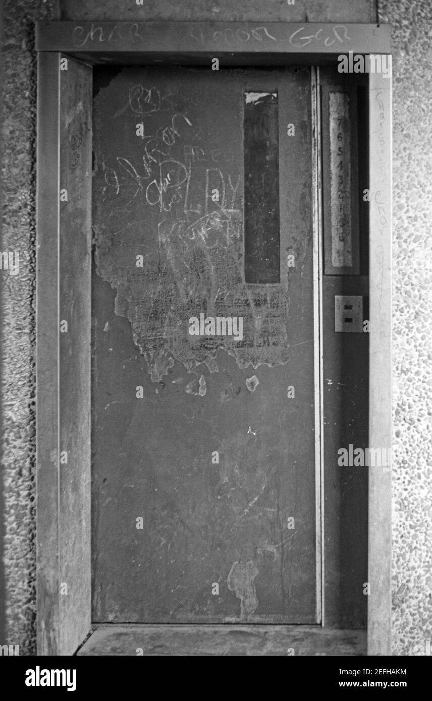 door of a lift in a tower block, Ballymun, April 1986, Dublin, Republic ...