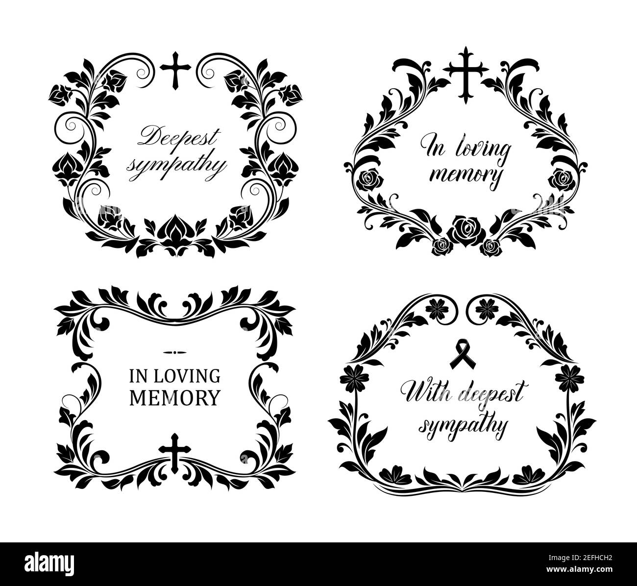 Funeral frames, vector vintage obituary floral wreaths with condolence typography, flourishes ...