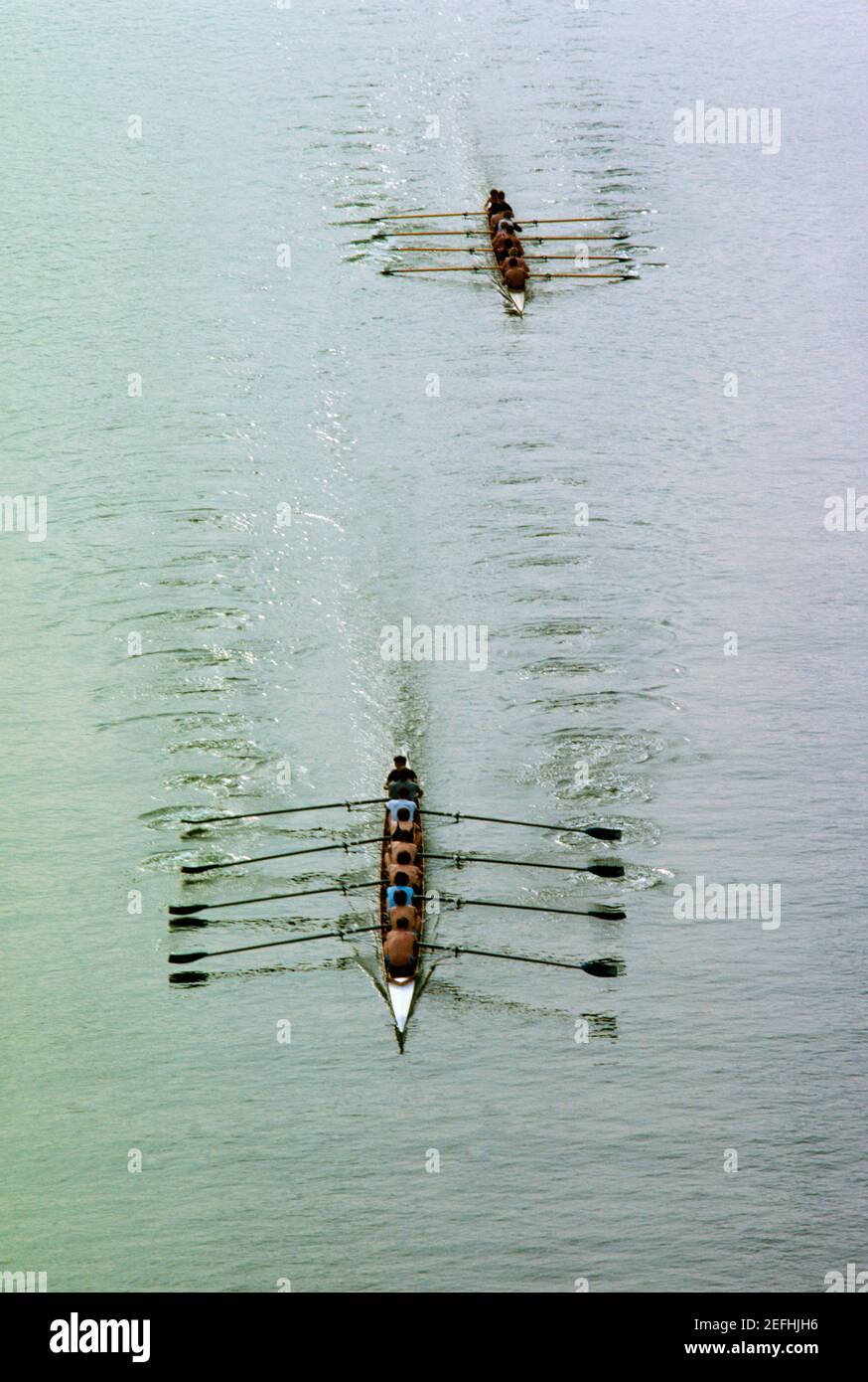 Aerial view of rowing team practicing on the river, Potomac River ...