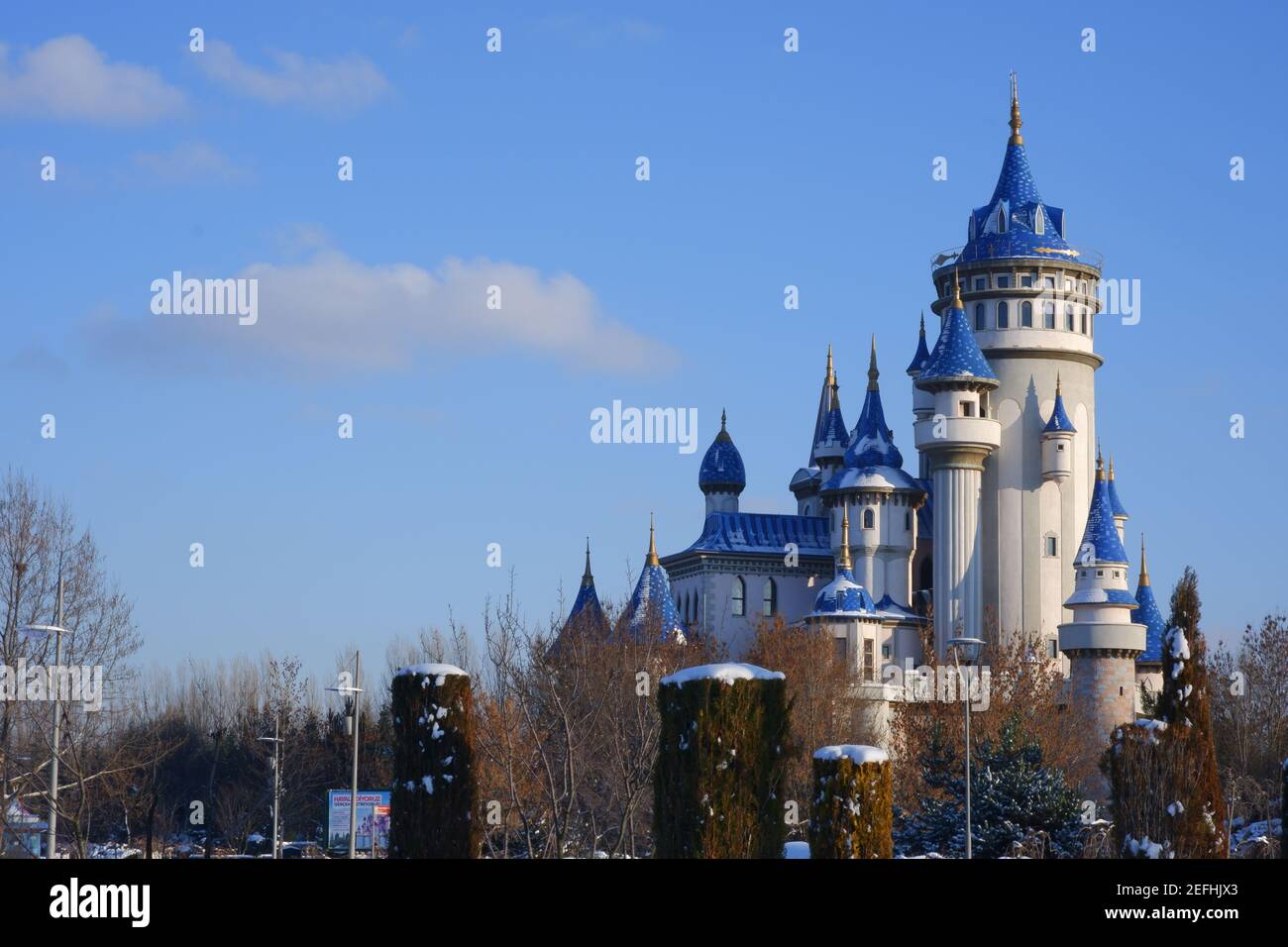 Tale Castle and trees in Sazova Park Eskisehir Turkey under snow in ...