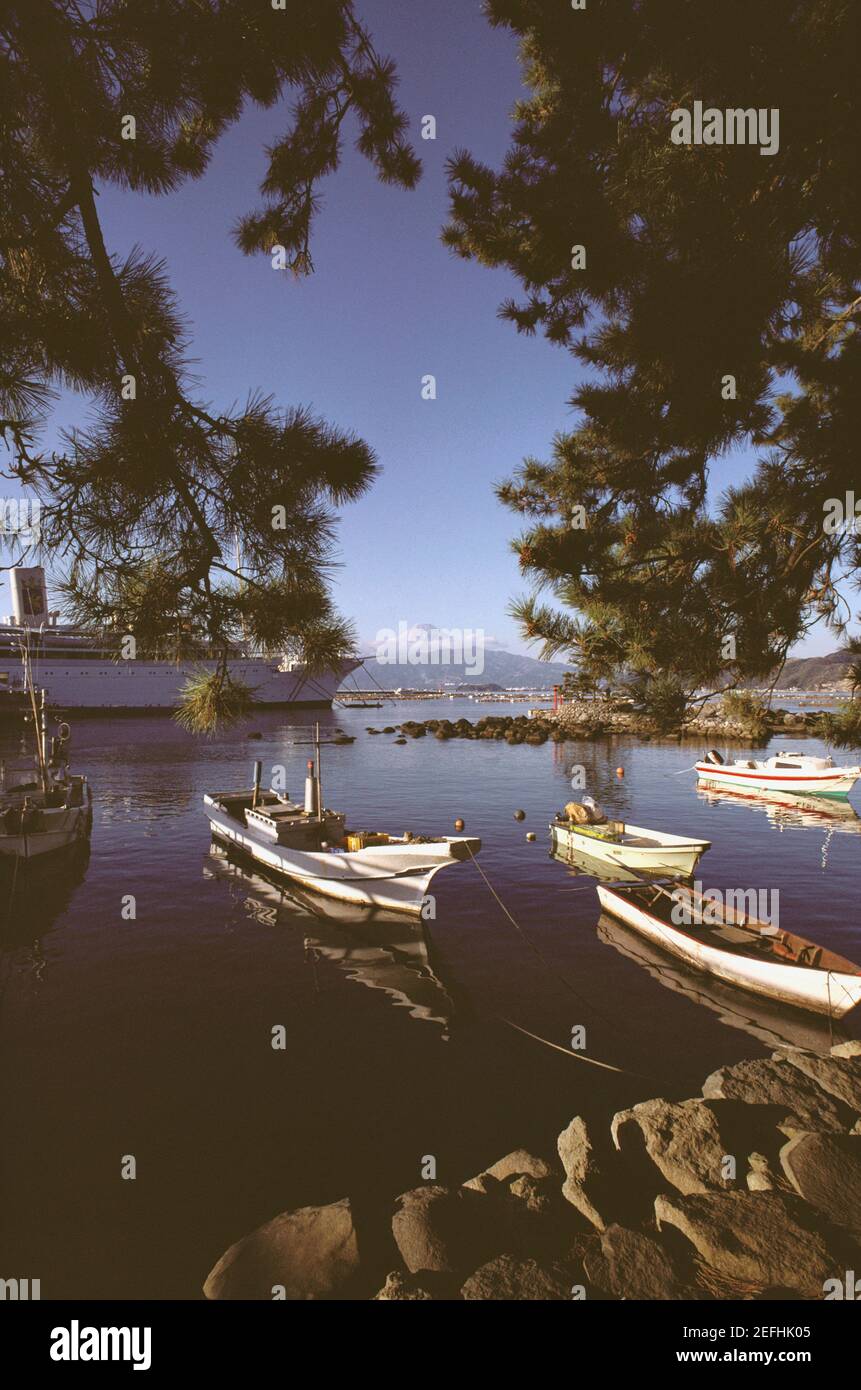 Boats in a bay with a mountain in the background, Mt Fuji, Suruga Bay ...