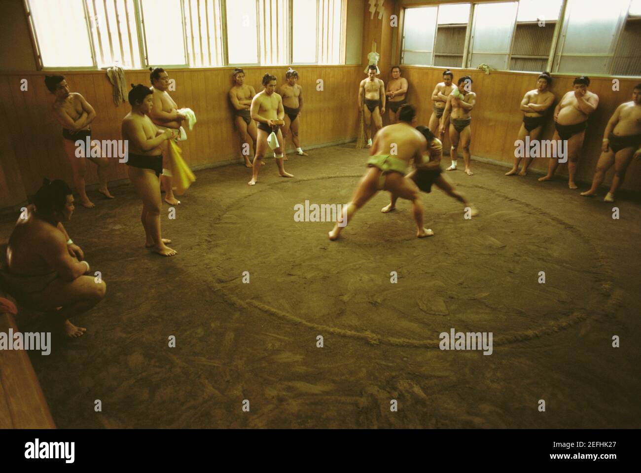 Sumo wrestlers practicing in a ring, Tokyo Prefecture, Japan Stock ...