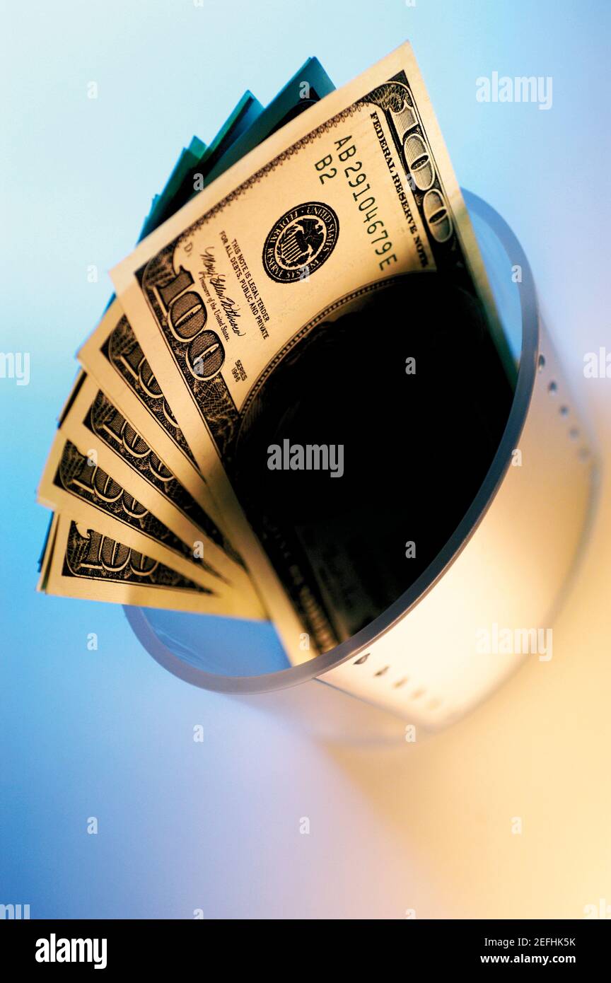 United States one hundred dollar bills in container, close-up Stock ...