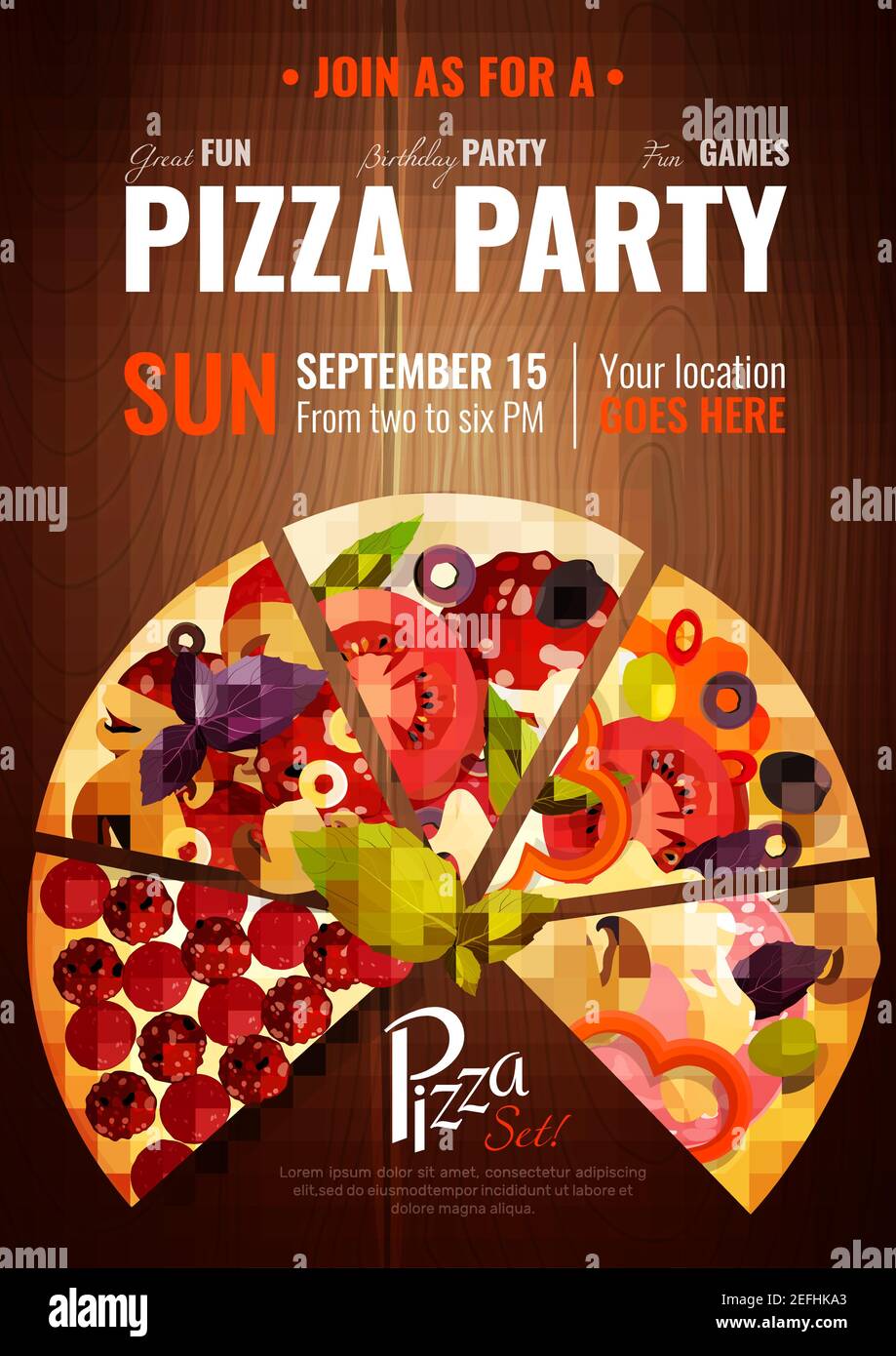 Party poster with slices of different pizza types on wooden background ...