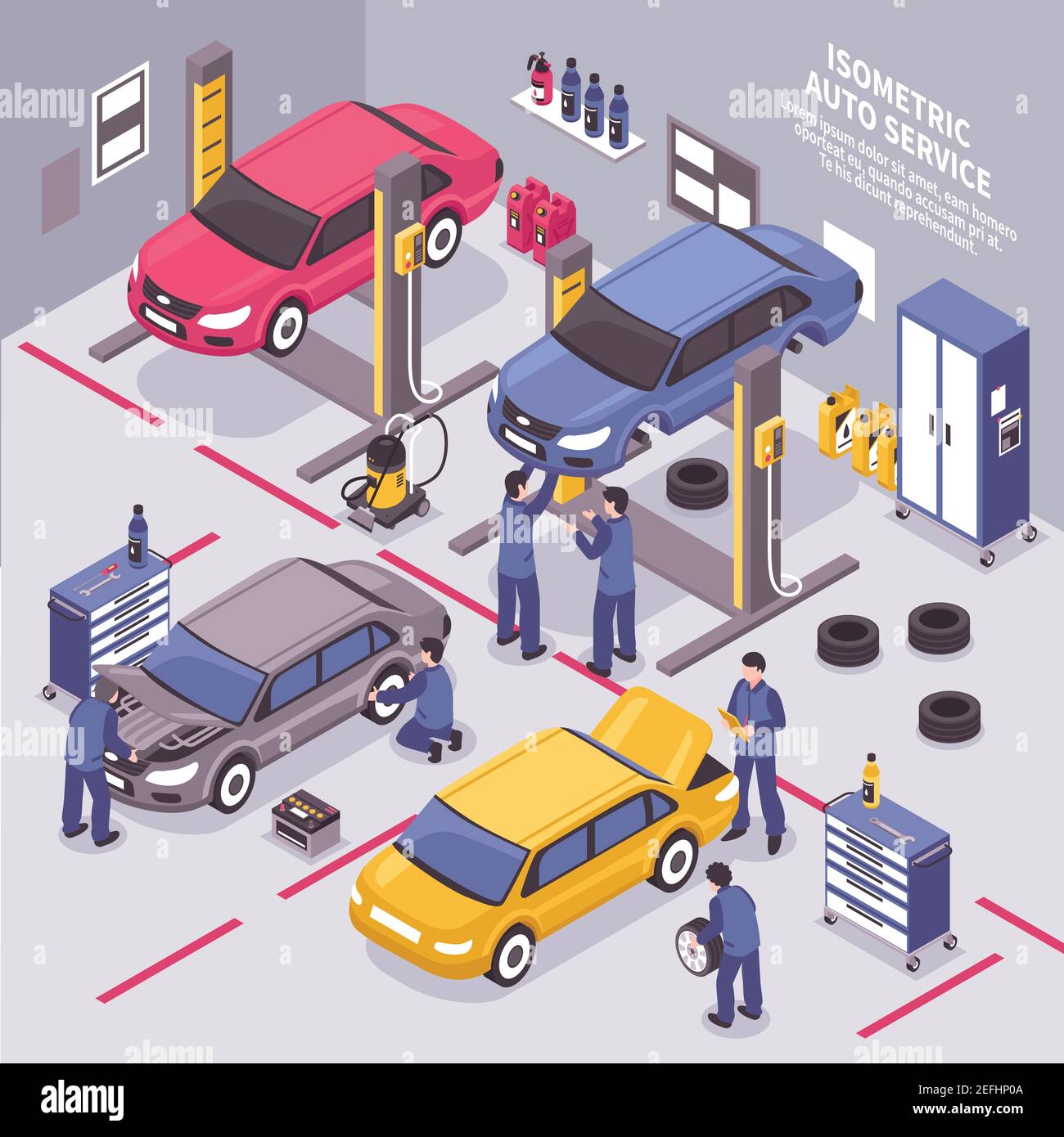 Workers fixing cars and changing tyres in auto service center 3d ...