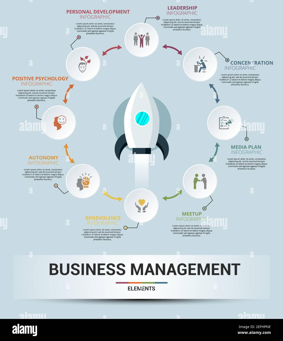 Infographic Business Management template. Icons in different colors ...
