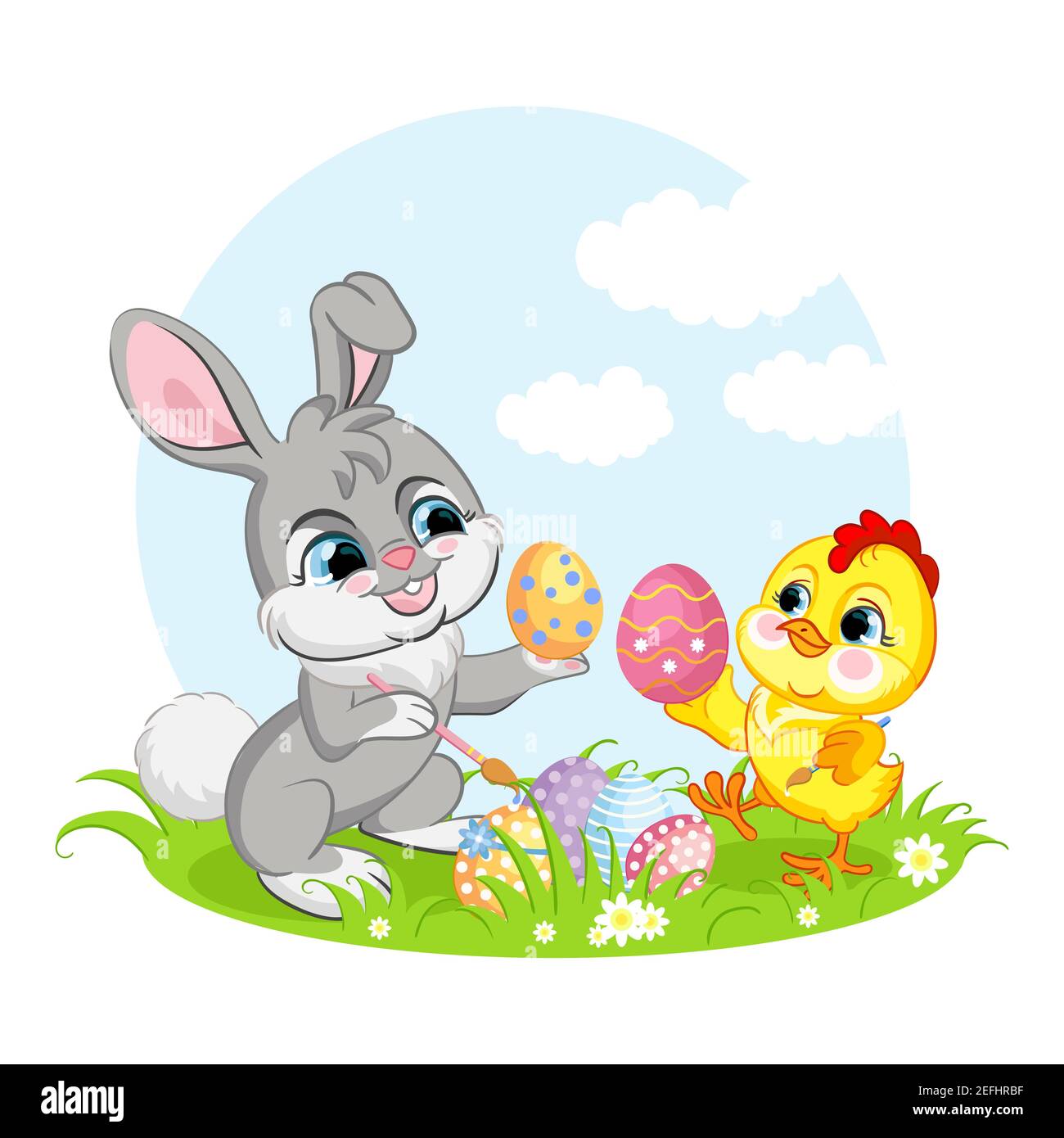 Cute cartoon characters chicken and rabbit with easter eggs. Vector ...