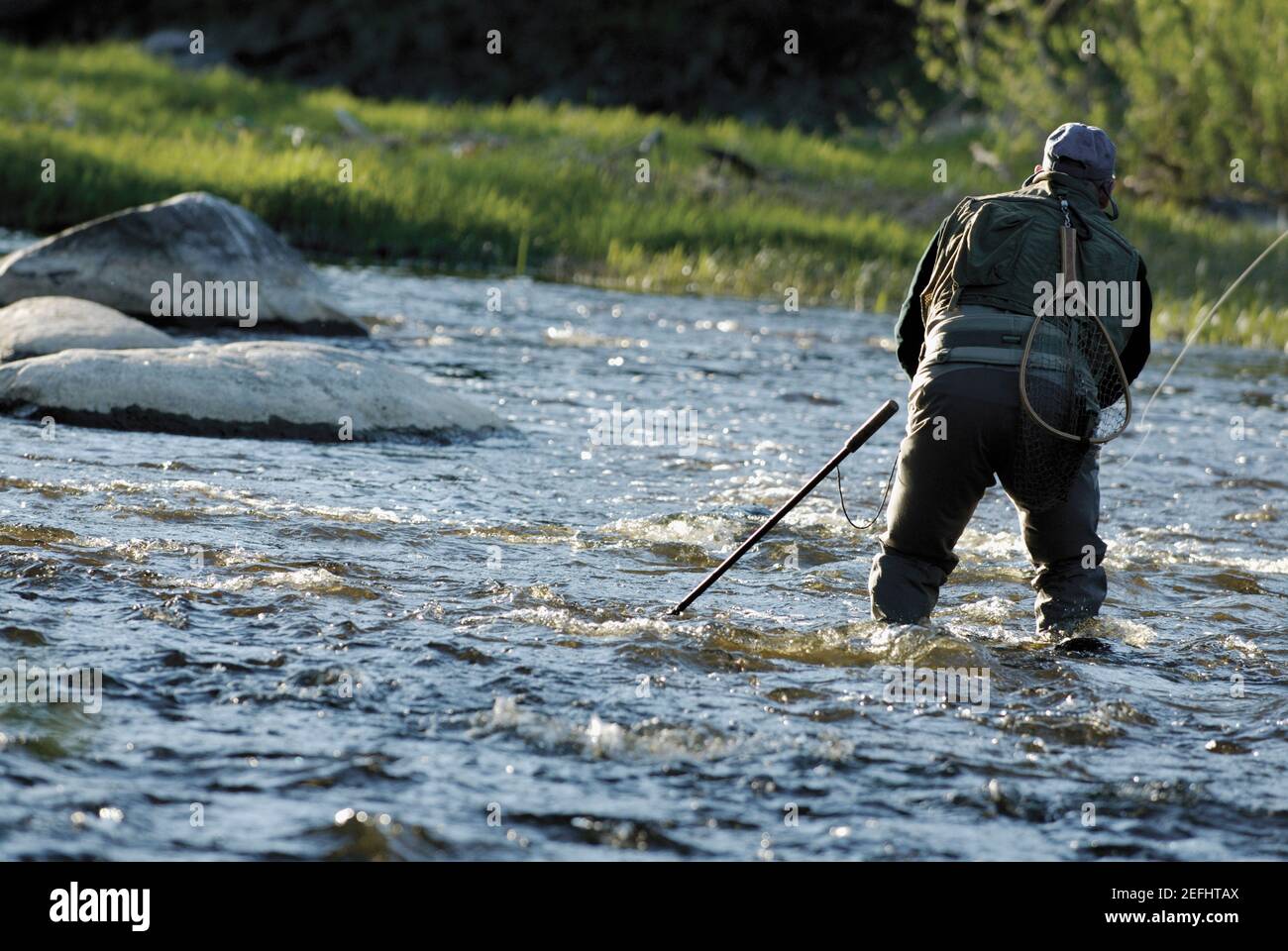 Rear view of a man fishing in the river Stock Photo - Alamy