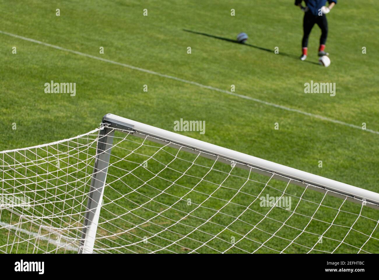 High angle view of soccer field and a goalie with a soccer ball Stock ...