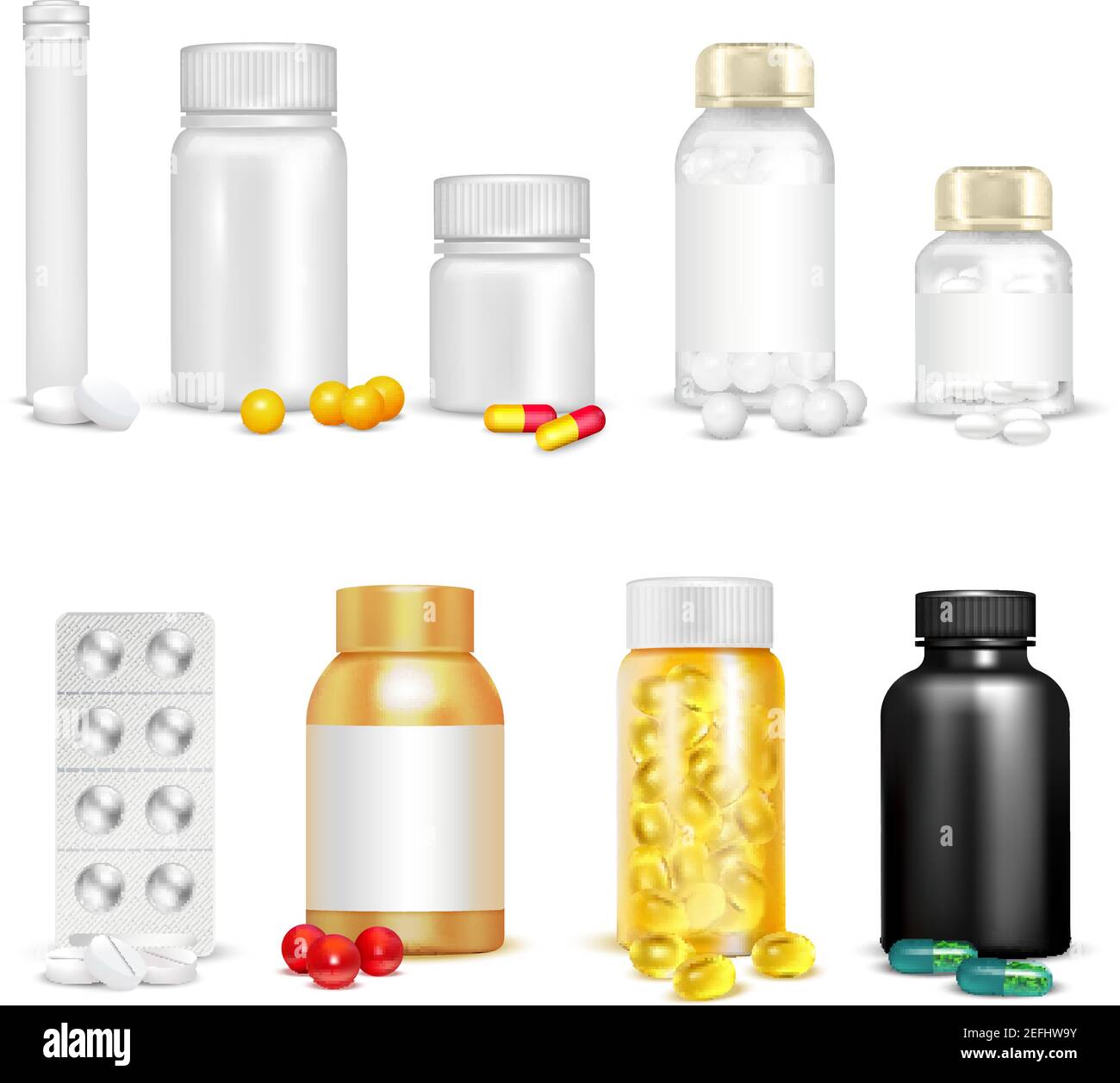 3D set of vitamins in pills and capsules in plastic containers and ...