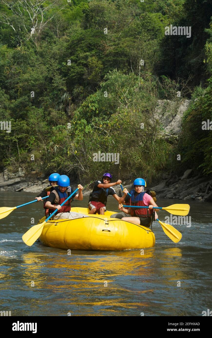 Five people rafting in a river Stock Photo - Alamy
