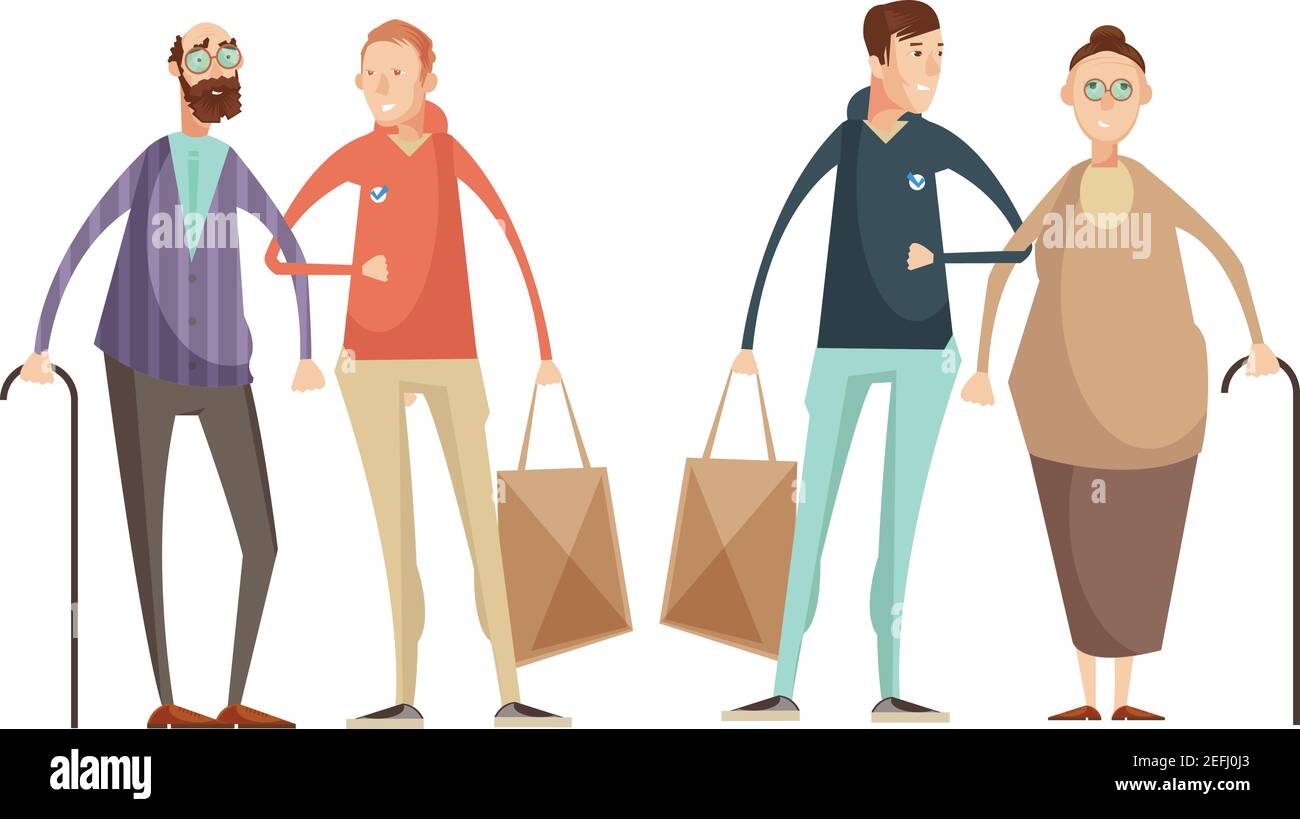 Volunteering design concept with young men helping elderly people ...