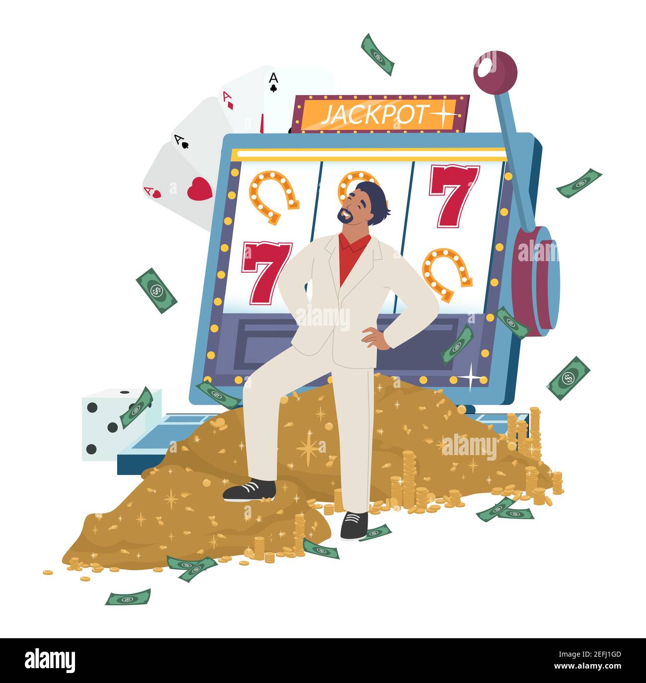 Happy gambler standing on money pile in front of slot machine, flat ...