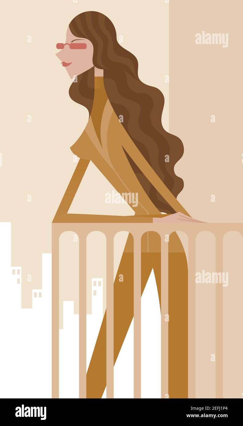 Businesswoman leaning over the railing of a balcony hi-res stock ...