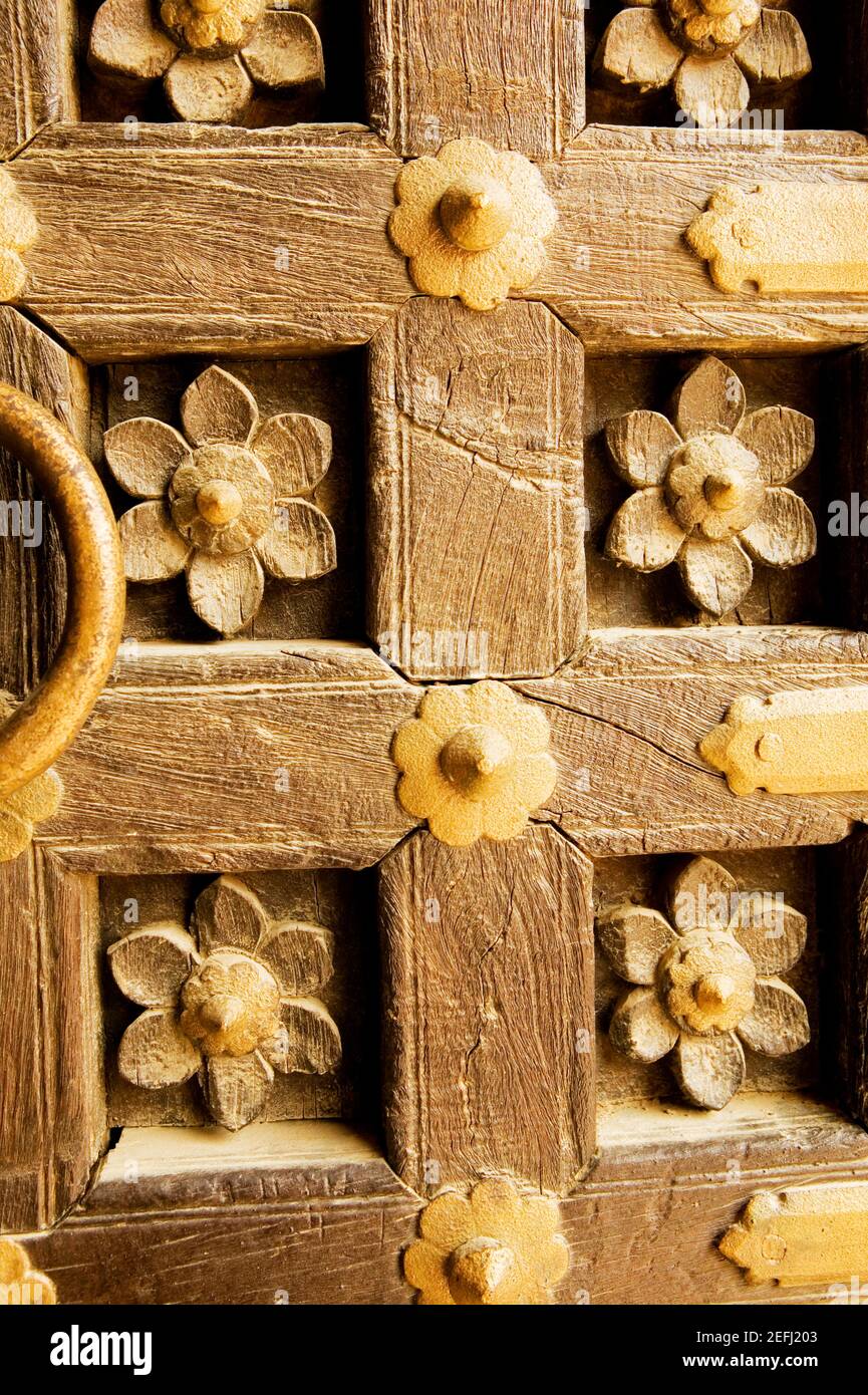 Floral pattern on a wood, Rajmahal, Jaisalmer, Rajasthan, India Stock ...