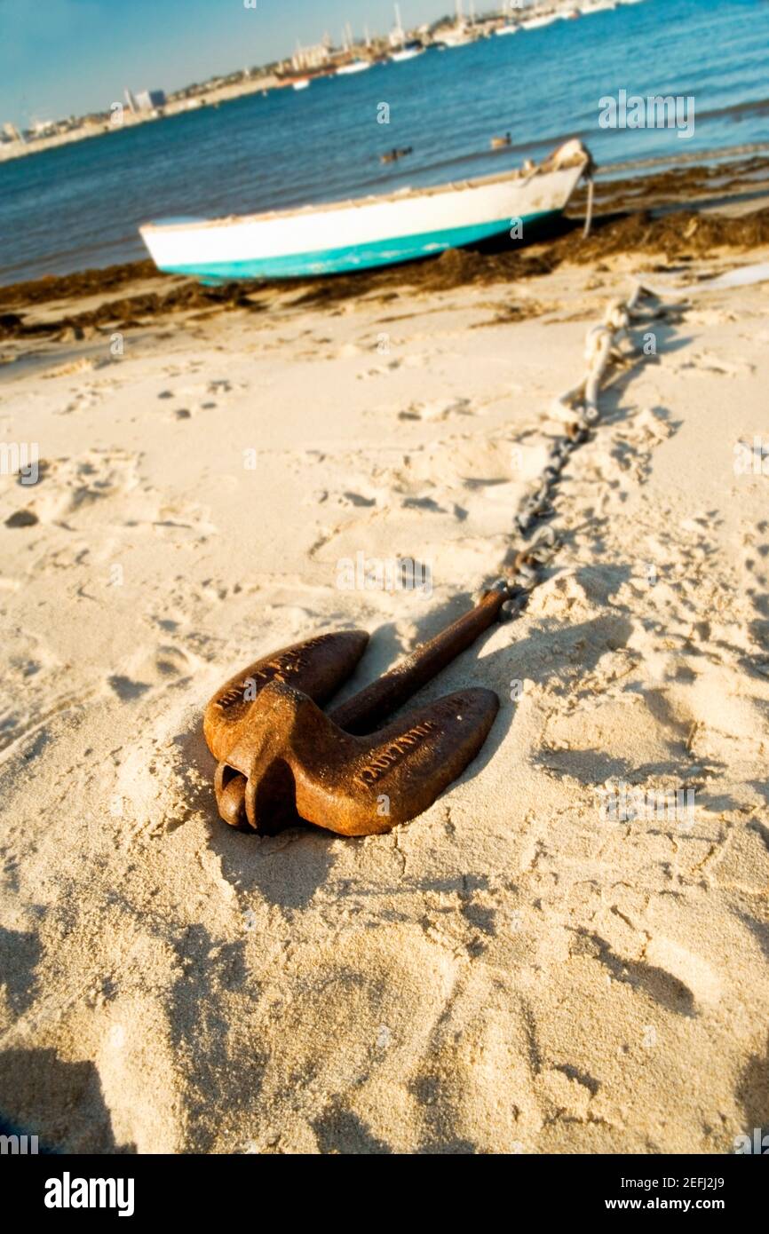 Side profile of a rowboat parked on the shore, San Diego, California ...