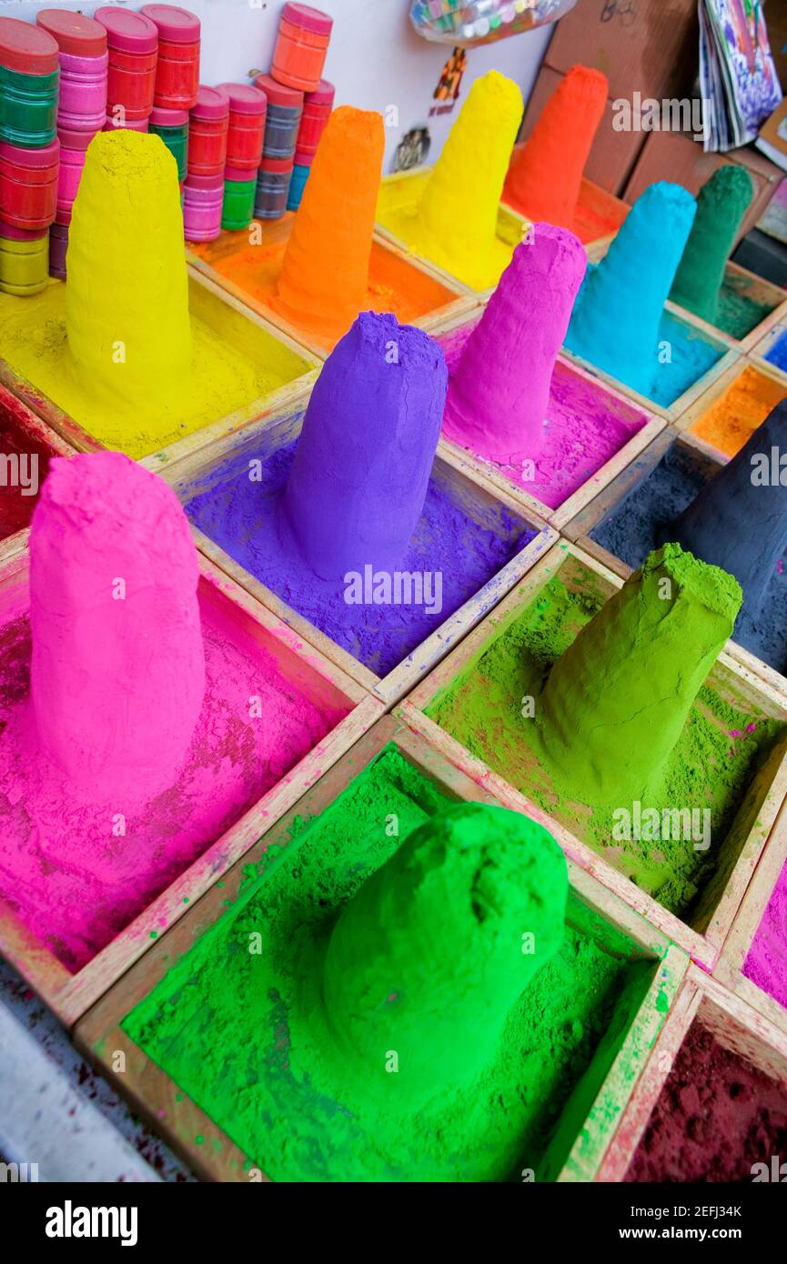 Close-up of mounds of colored powder used for Hindu rituals, Pushkar ...