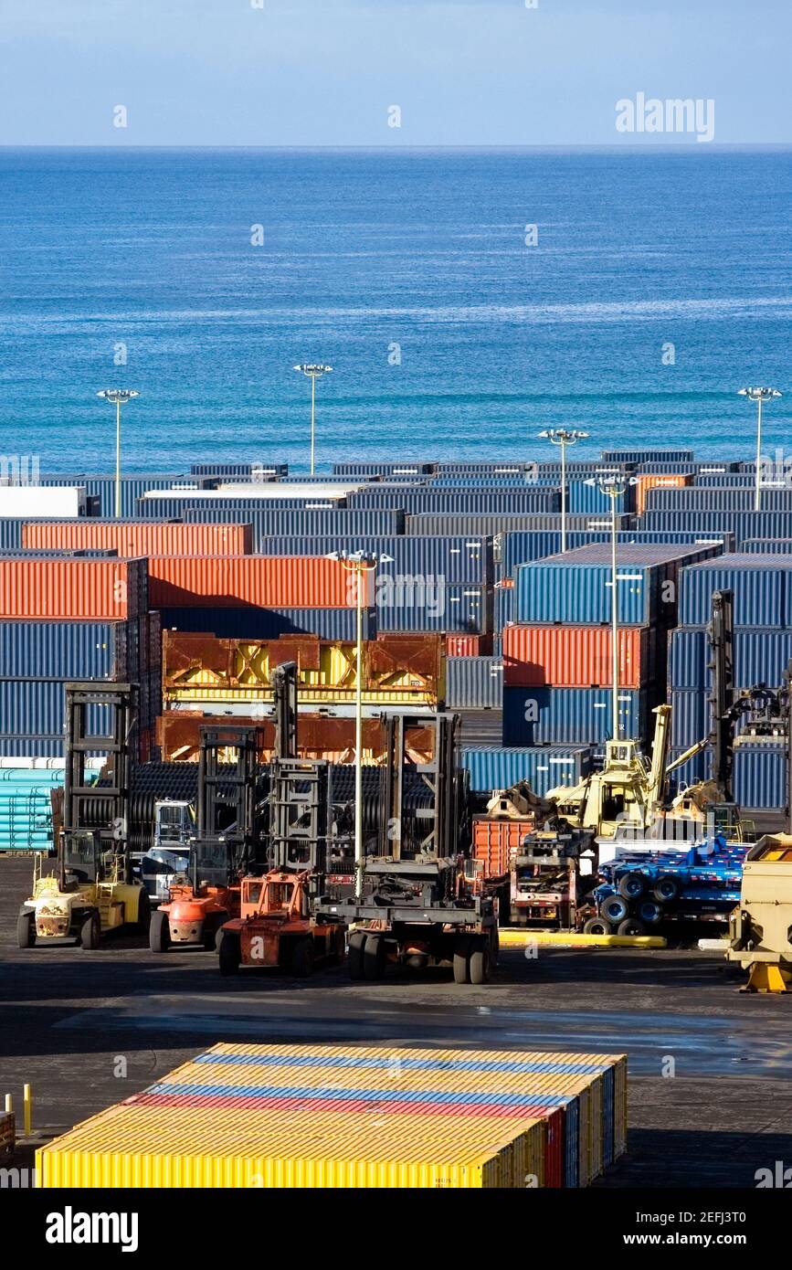 High angle view of cargo containers at a commercial dock Stock Photo ...