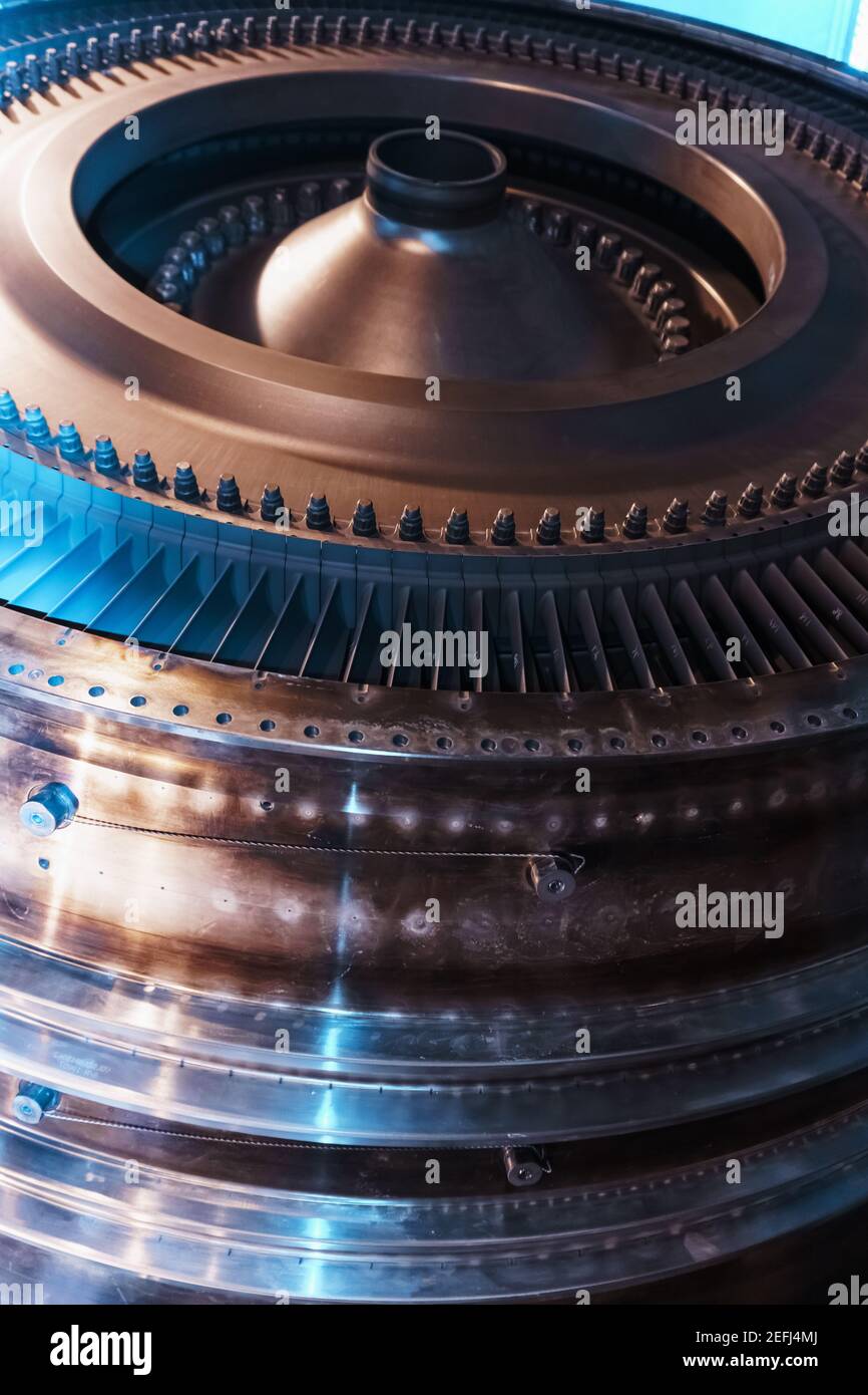 A rotor disc with blades of a turbojet gas turbine engine, inside view ...