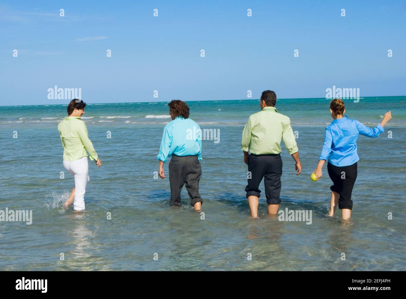 Rear view of two mid adult couples wading on the beach Stock Photo - Alamy