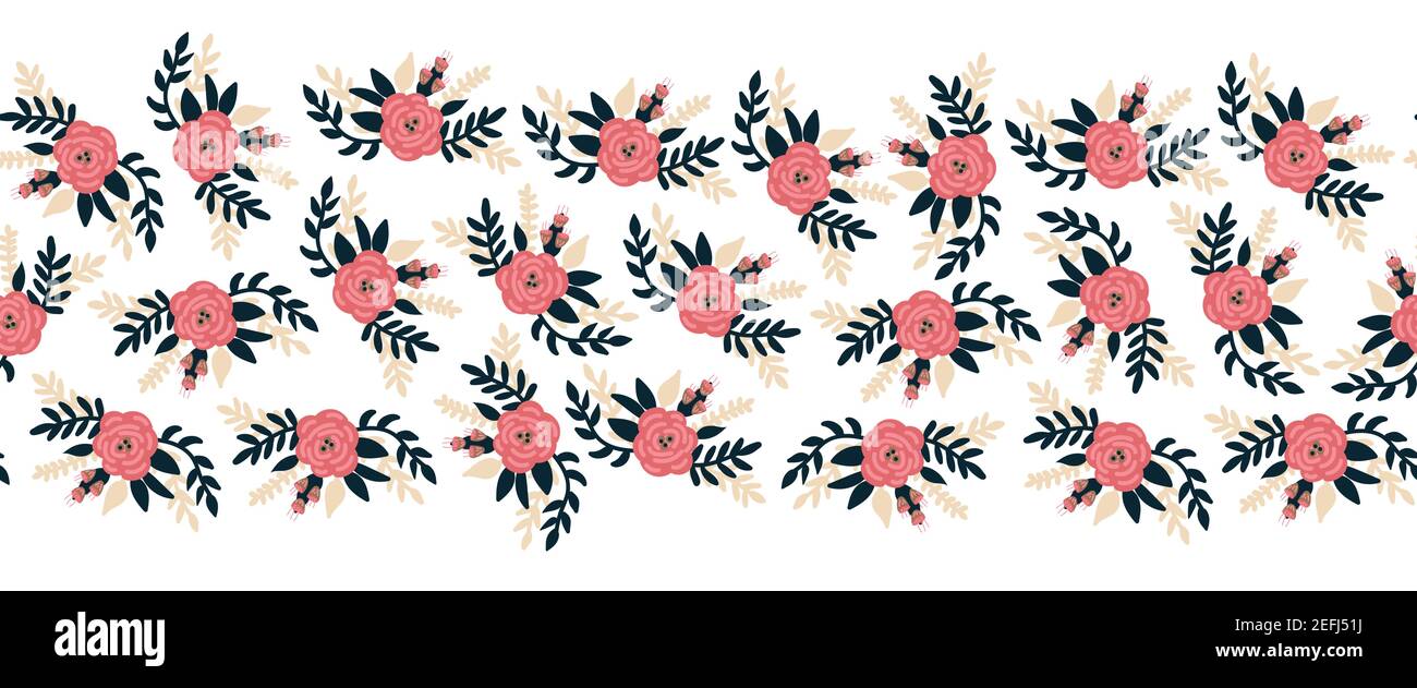 Seamless vector border flat rose flowers pink horizontal. Romantic ...