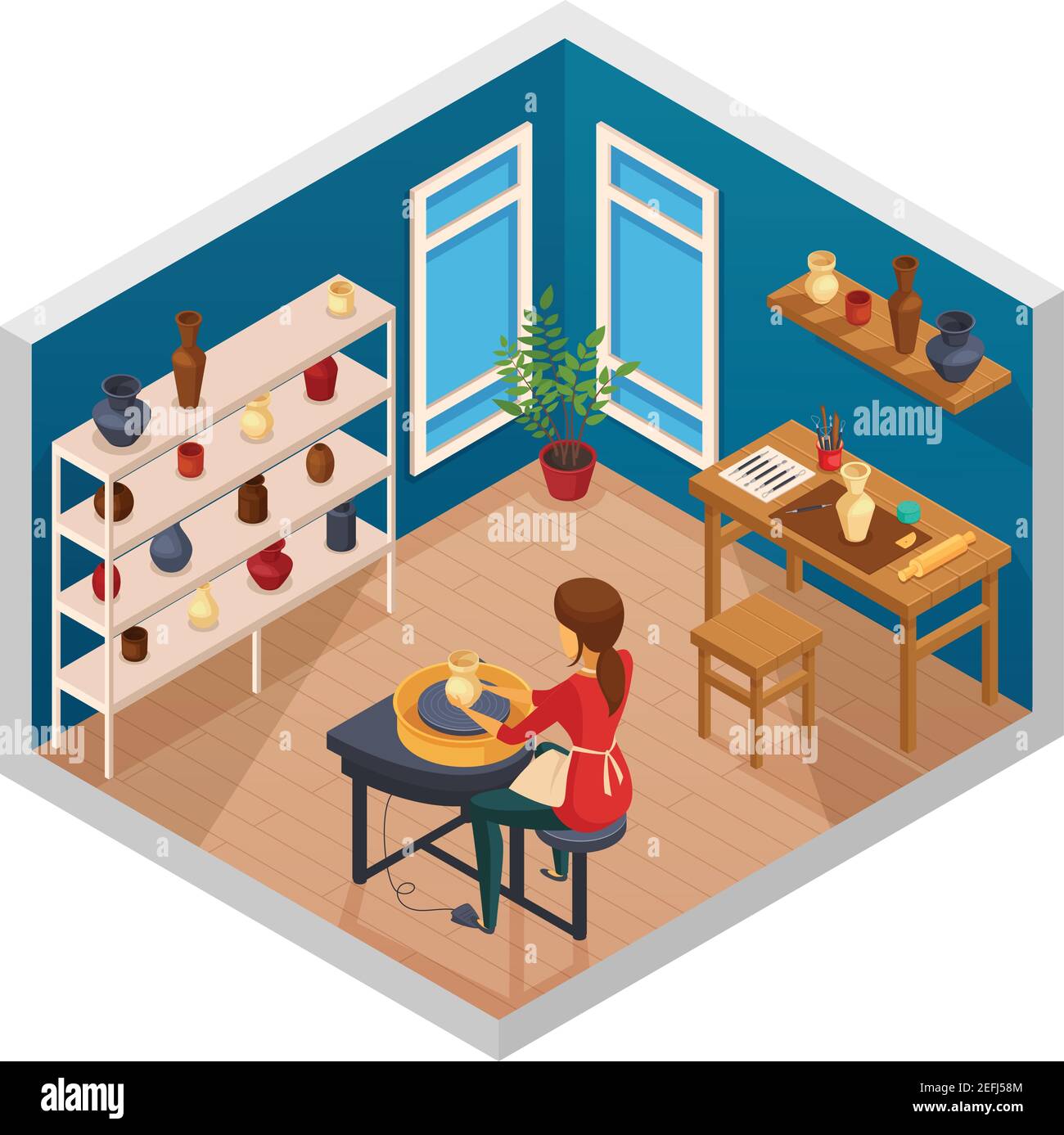 Art studio isometric interior with workspace of female pot maker with ...
