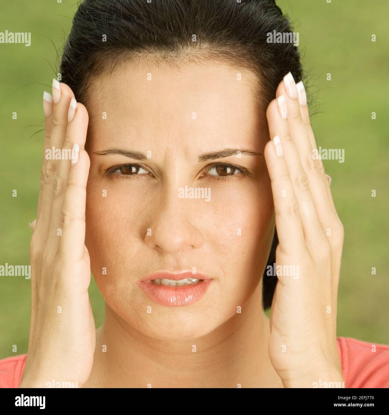 Distressed woman head in hands hi-res stock photography and images - Alamy