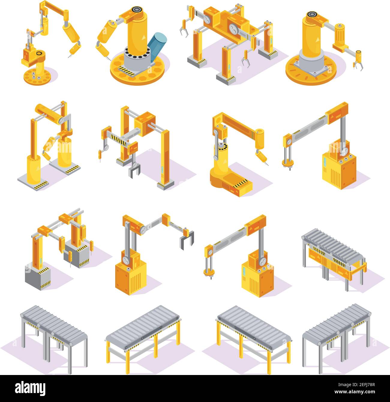 Isometric set of yellow grey conveyor machines with robotic hand for ...