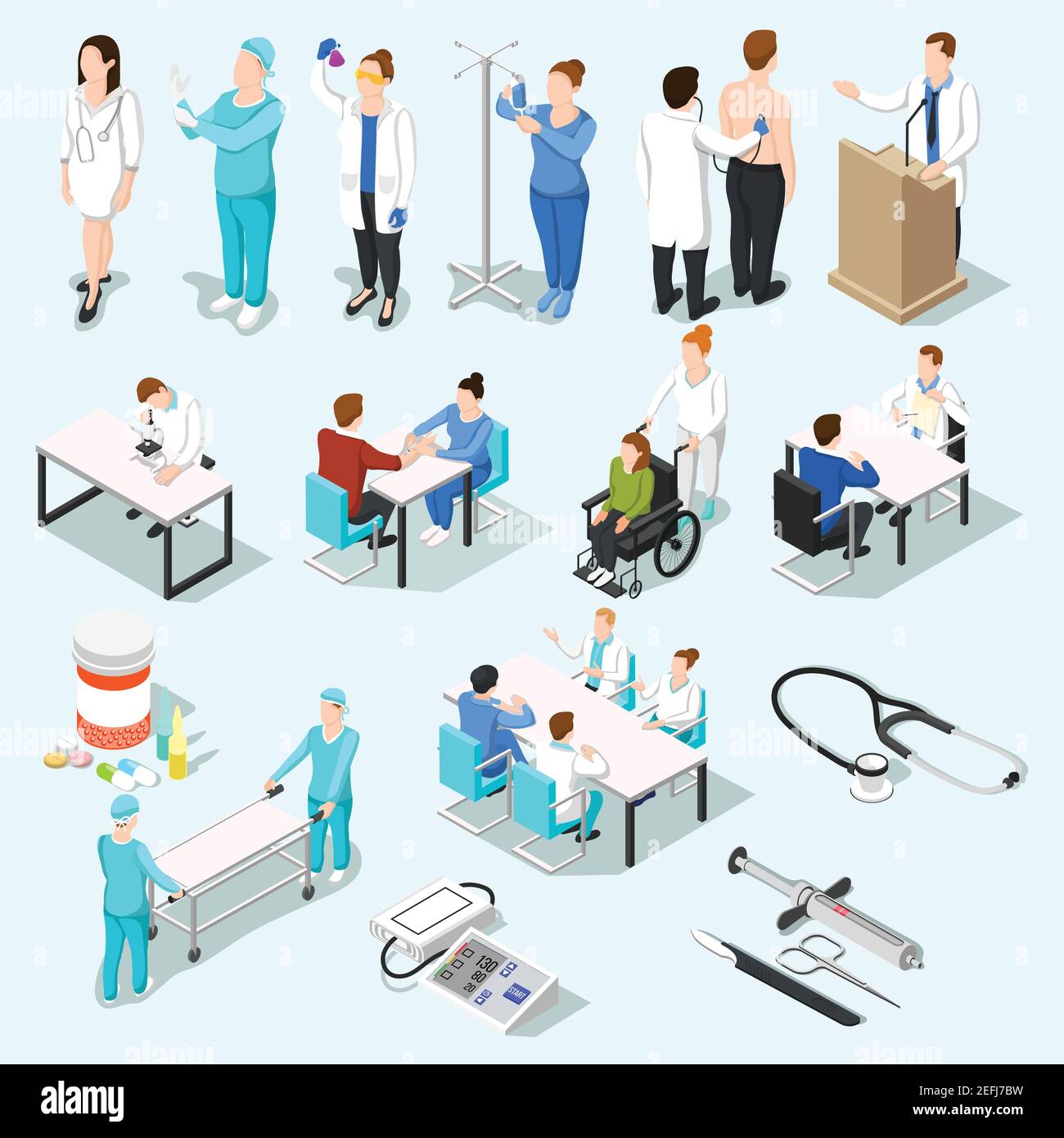 Isometric people doctor set of isolated medical equipment pills and ...