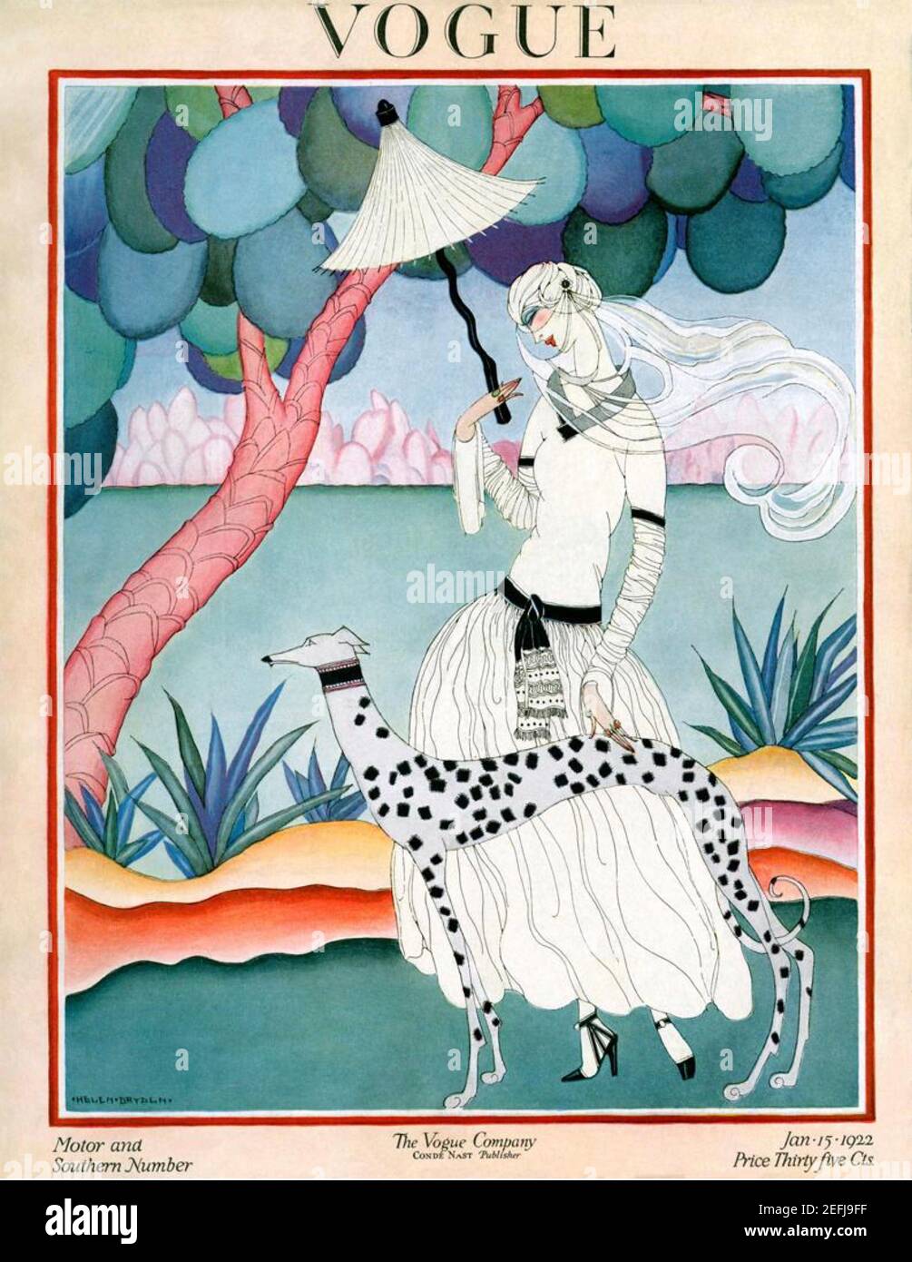 Vintage Helen Dryden cover design for Vogue. Glamorous woman walks her ...