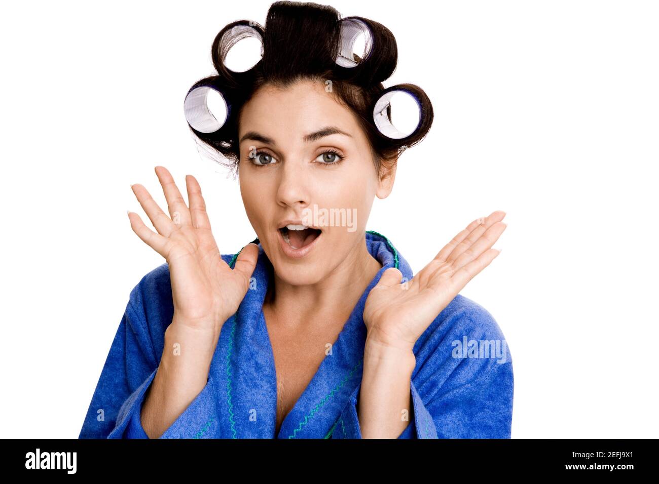 Portrait of a woman with curlers in her hair hi-res stock photography ...