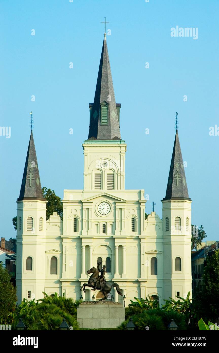 Statue in front of a cathedral, St. Louis Cathedral, Jackson Square ...
