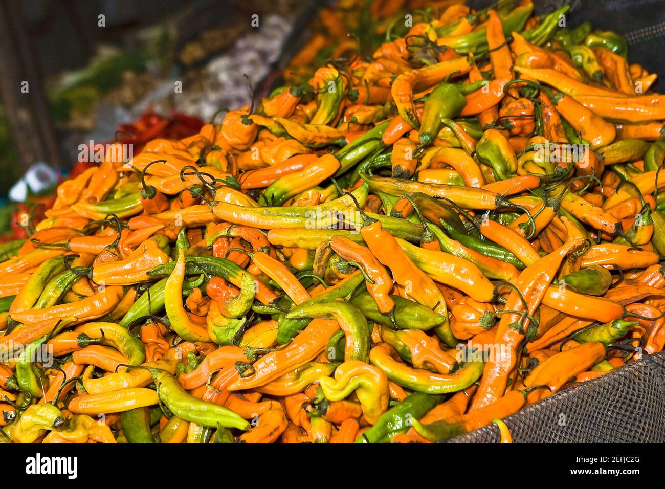 Close-up of chili peppers at a market stall, Ica, Ica Region, Peru ...