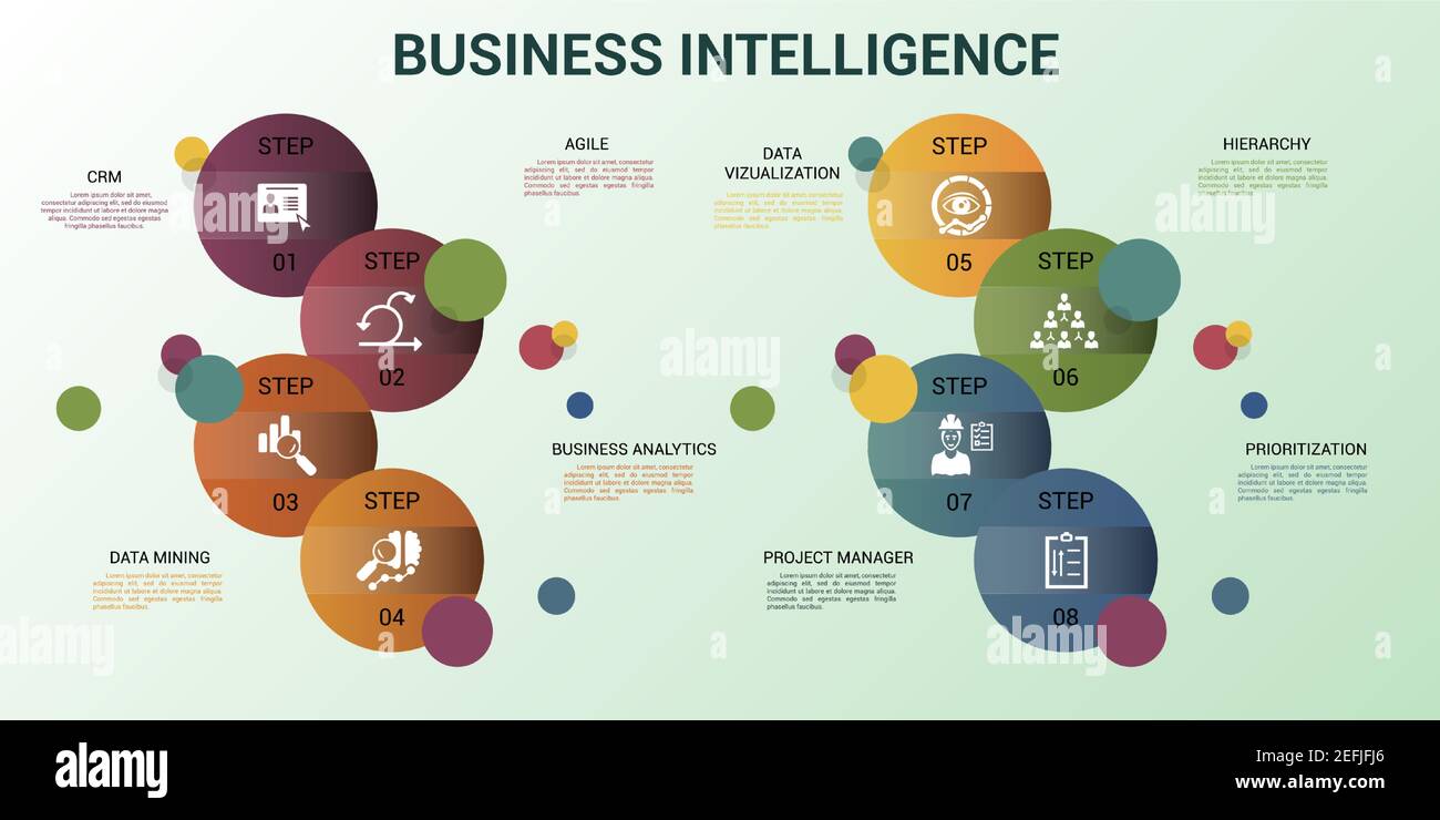 Infographic Business Intelligence template. Icons in different colors ...