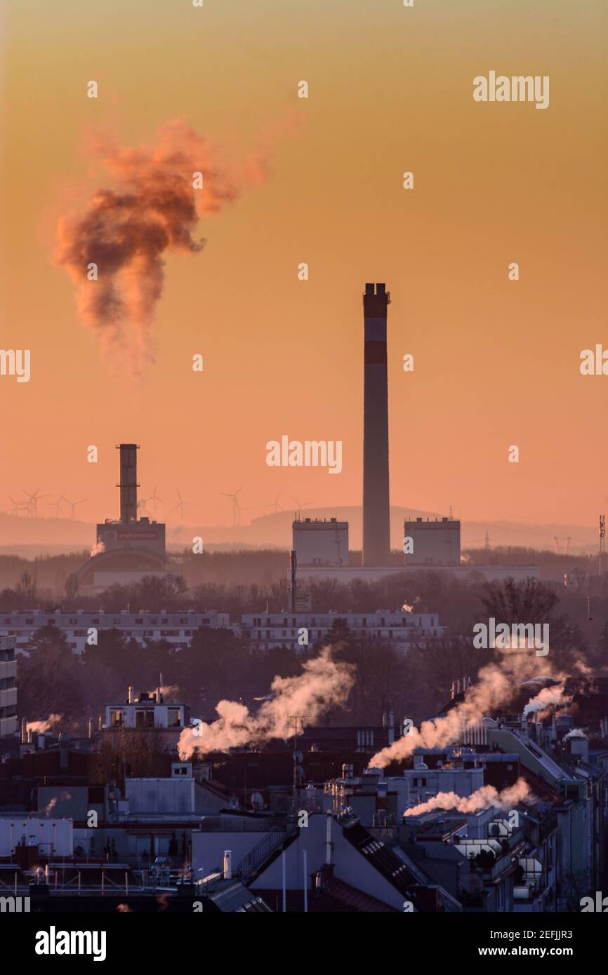 Wien, Vienna: power station Kraftwerk Donaustadt, houses in district ...