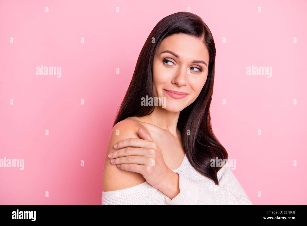 Portrait of young attractive flirty positive smiling girl look ...