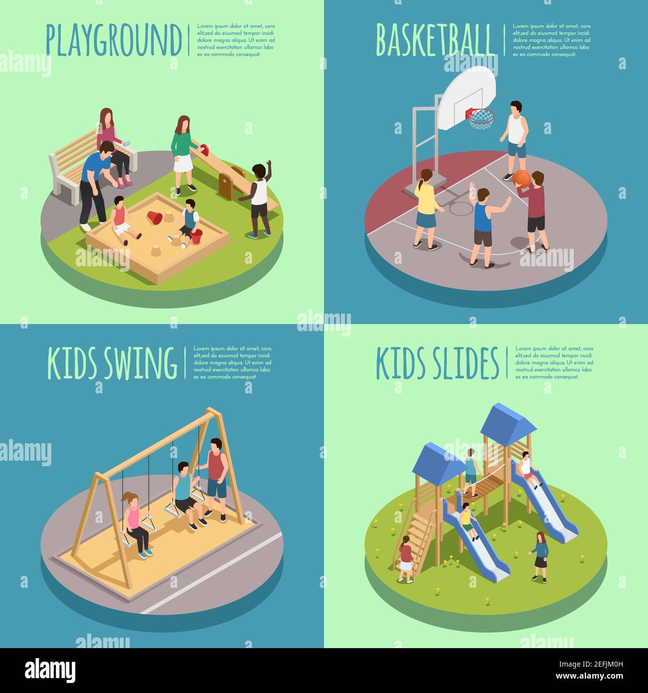 Children playground isometric compositions including kids in sandbox ...