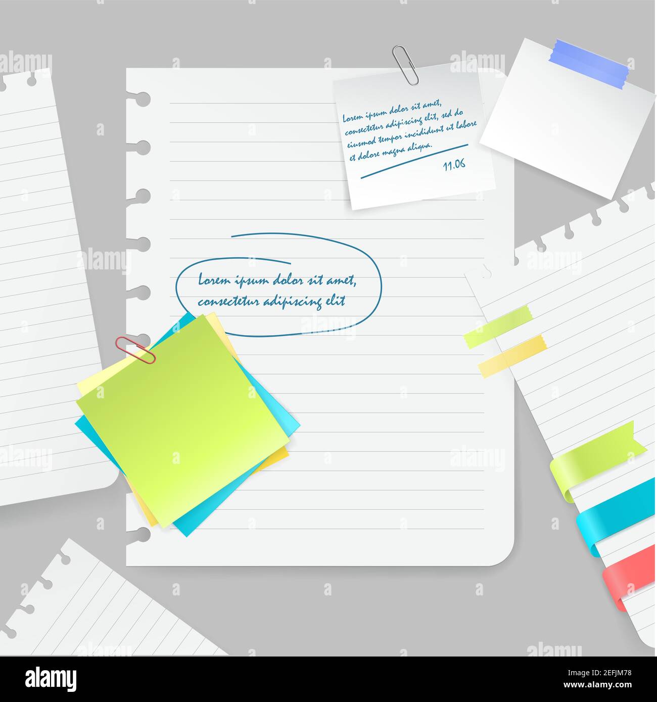 Realistic composition of colorful blank sheets and pieces of paper with ...