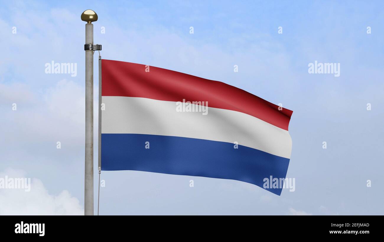 3D illustration Dutch flag waving in wind with blue sky. Netherlands ...