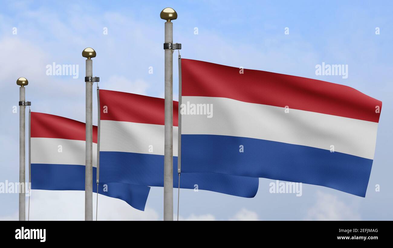 3D illustration Dutch flag waving in wind with blue sky. Netherlands ...