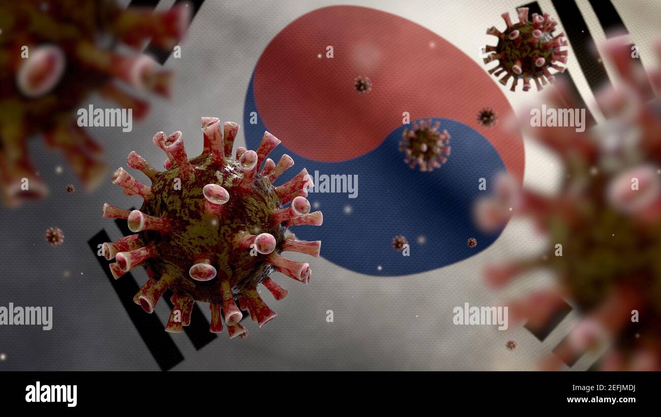3D illustration Flu coronavirus floating over Korean flag, a pathogen ...