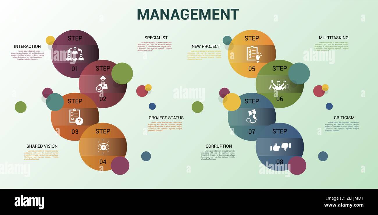 Infographic Management template. Icons in different colors. Include ...