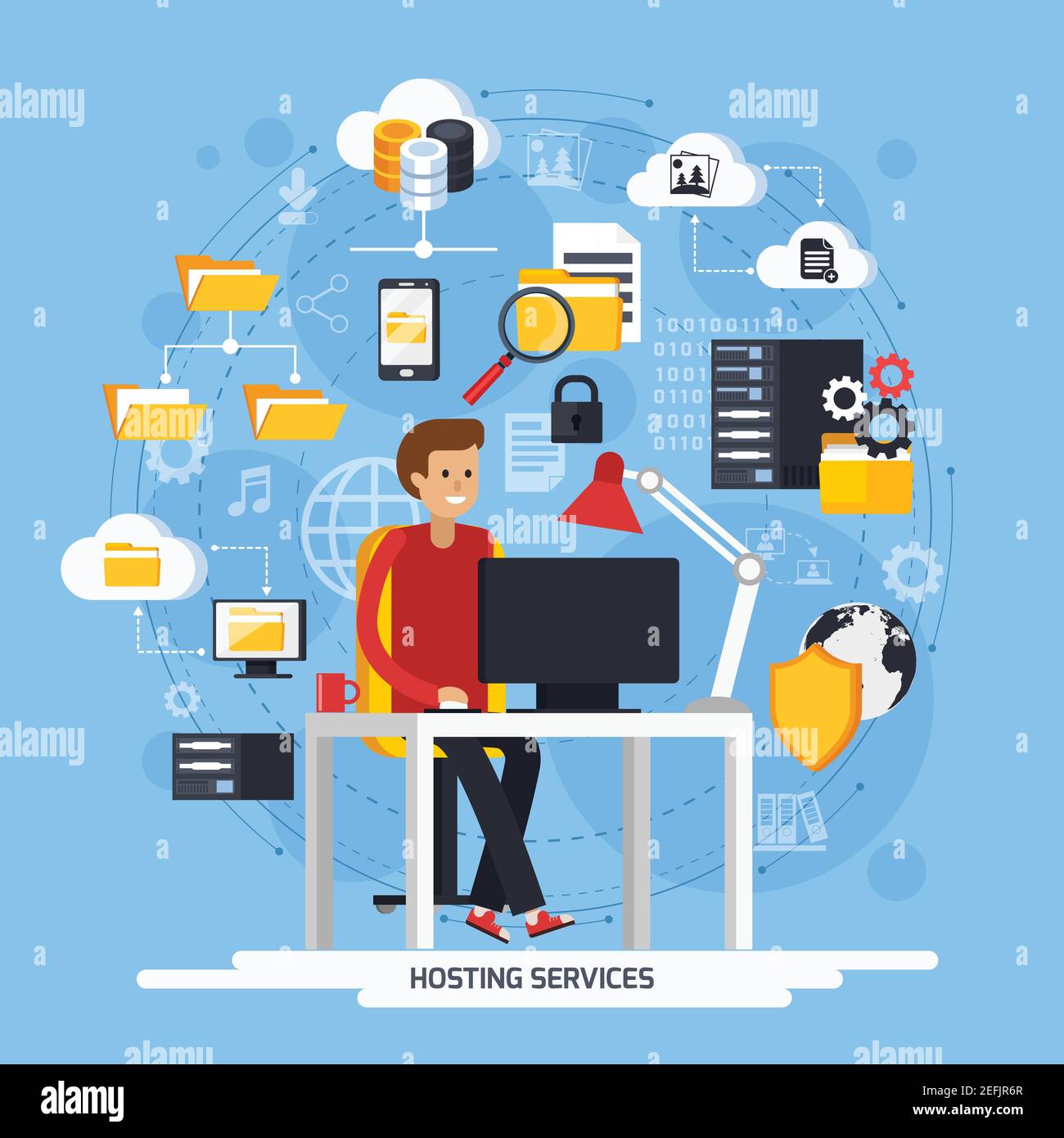 Hosting services concept with Internet and data symbols on blue ...