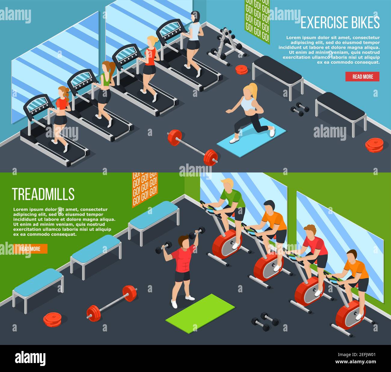 Two horizontal gym isometric banner set with read more link and ...