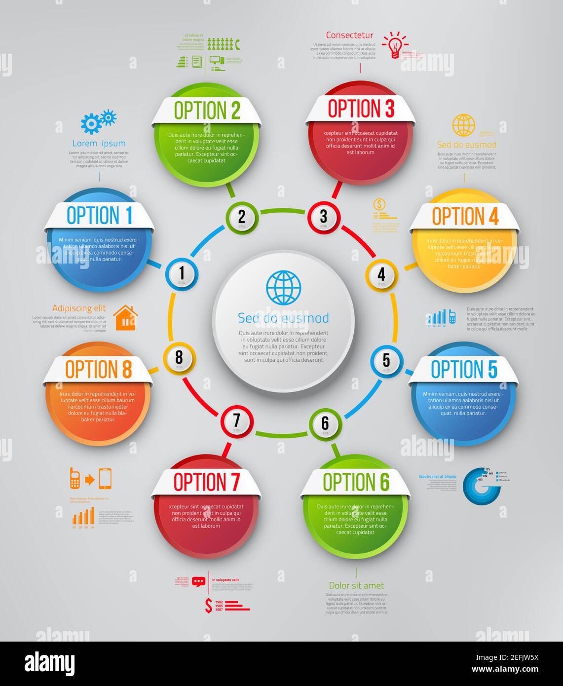 Infographics flower style chart menu with 8 round options, colorful ...