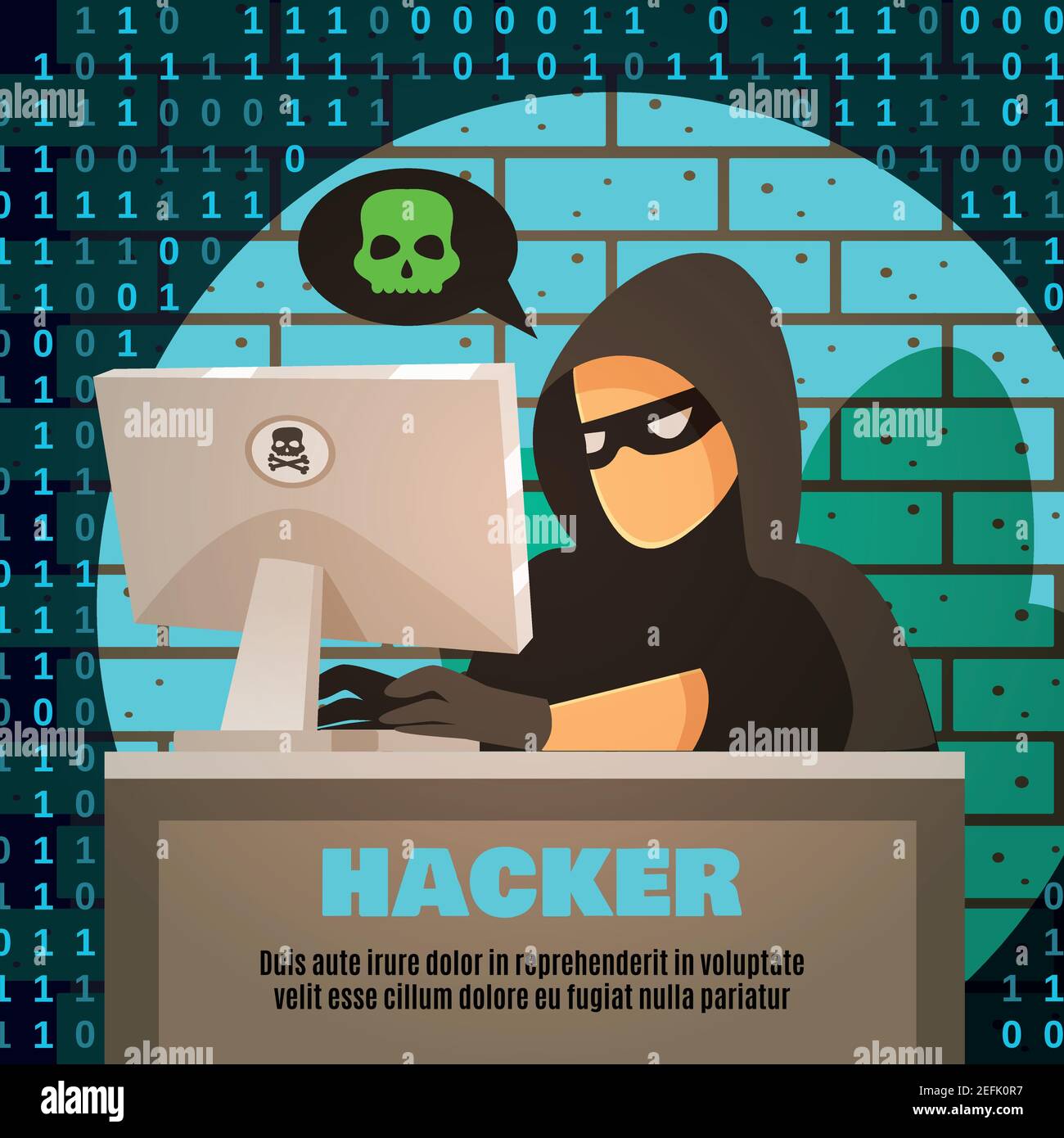 Hacker in gloves and mask near computer and cloud with skull on brick ...