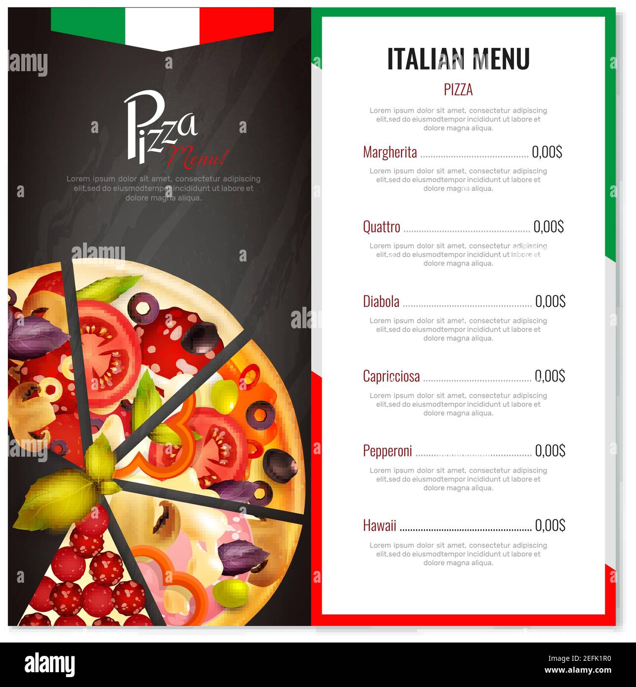 Pizza menu design with realistic images of pizza slices with italian ...